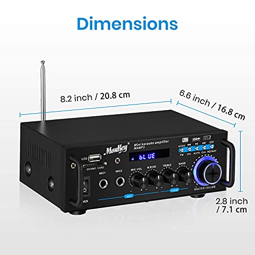 Moukey 2 Channel Amplifier for Stereo Audio Speakers Bluetooth 5.0 - Portable RMS 100W, Desktop Power Receivers with FM Radio, MP3/USB/SD Readers, 2 Mic Input, Remote MAMP3