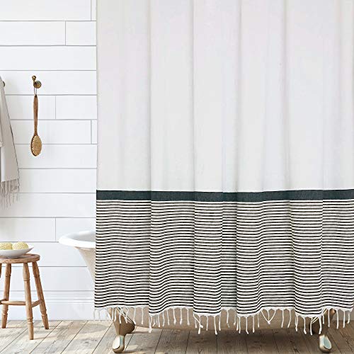 HALL & PERRY Modern Farmhouse Tassel Shower Curtain 100% Cotton Striped Fabric Shower Curtain with Tassels for Bathroom Decor - Tan, 72"x72"