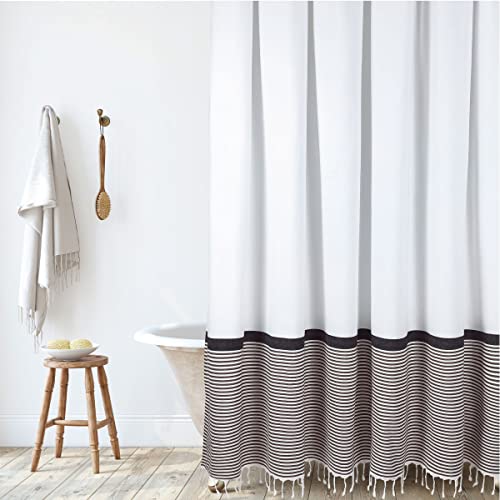 HALL & PERRY Modern Farmhouse Tassel Shower Curtain 100% Cotton Striped Fabric Shower Curtain with Tassels for Bathroom Decor - Tan, 72"x72"