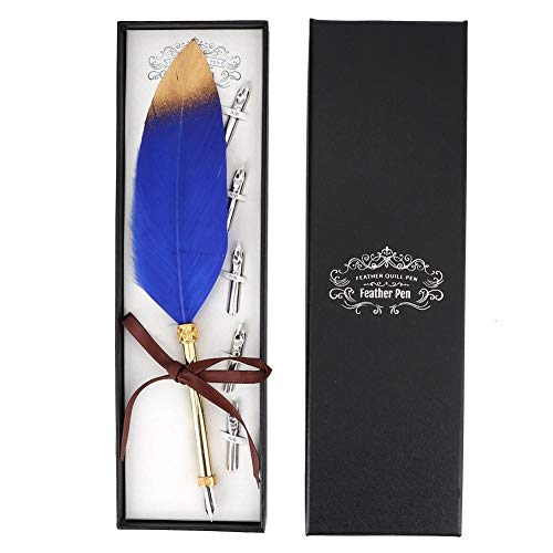 URRNDD Calligraphy Pen Set Retro Classical Style Feather Pen Kit Metal Calligraphic Pen Student Instruction Gift with Storage Box 5 Pen Nibs(Blue)