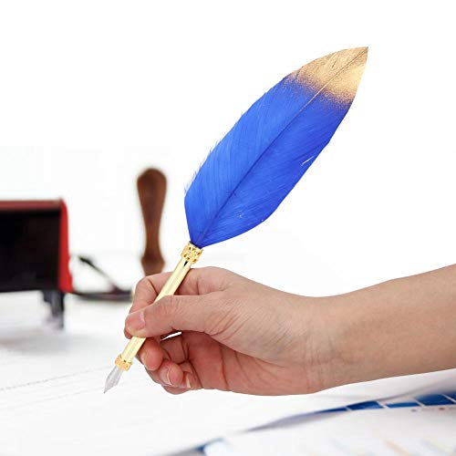 URRNDD Calligraphy Pen Set Retro Classical Style Feather Pen Kit Metal Calligraphic Pen Student Instruction Gift with Storage Box 5 Pen Nibs(Blue)