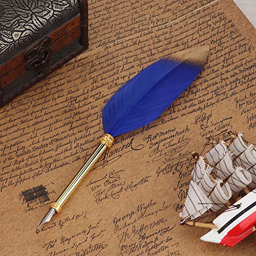 URRNDD Calligraphy Pen Set Retro Classical Style Feather Pen Kit Metal Calligraphic Pen Student Instruction Gift with Storage Box 5 Pen Nibs(Blue)