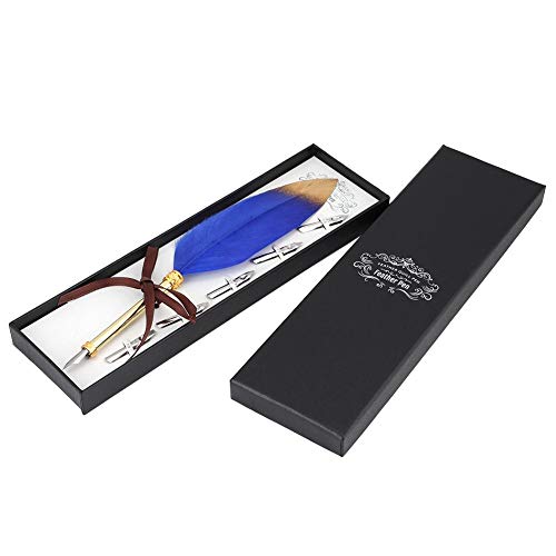 URRNDD Calligraphy Pen Set Retro Classical Style Feather Pen Kit Metal Calligraphic Pen Student Instruction Gift with Storage Box 5 Pen Nibs(Blue)