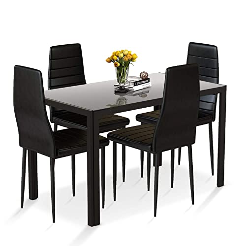 Recaceik Dining Table Set for 4,Kitchen Table and Chairs for 4,Glass Dining Table Set with 4 Upholstered PU Leather Chairs Dining Room Table Set Kitchen Tables for Small Spaces (Black)