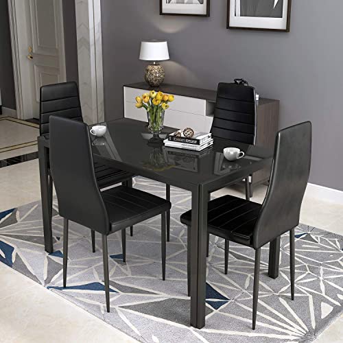 Recaceik Dining Table Set for 4,Kitchen Table and Chairs for 4,Glass Dining Table Set with 4 Upholstered PU Leather Chairs Dining Room Table Set Kitchen Tables for Small Spaces (Black)