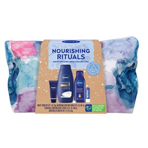 nivea skin care set for her, nourishing body wash, moisturizing body lotion, lip balm stick with shea butter, & multi purpose face, body & foot cream, 4 piece gift set