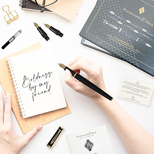 Wordsworth & Black Calligraphy Pen Gift Set, Includes Ink Bottle, 6 Ink Cartridges, Ink Refill Converter, 6 Replacement Nibs, Premium Package, Journaling, Smooth Writing Pens [Black Gold]