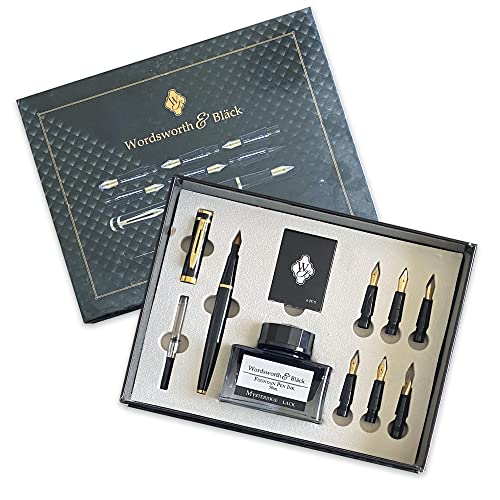 Wordsworth & Black Calligraphy Pen Gift Set, Includes Ink Bottle, 6 Ink Cartridges, Ink Refill Converter, 6 Replacement Nibs, Premium Package, Journaling, Smooth Writing Pens [Black Gold]