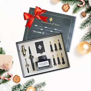 Wordsworth & Black Calligraphy Pen Gift Set, Includes Ink Bottle, 6 Ink Cartridges, Ink Refill Converter, 6 Replacement Nibs, Premium Package, Journaling, Smooth Writing Pens [Black Gold]