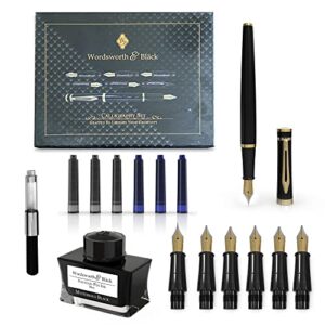 Wordsworth & Black Calligraphy Pen Gift Set, Includes Ink Bottle, 6 Ink Cartridges, Ink Refill Converter, 6 Replacement Nibs, Premium Package, Journaling, Smooth Writing Pens [Black Gold]