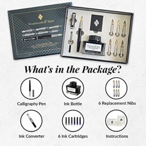 Wordsworth & Black Calligraphy Pen Gift Set, Includes Ink Bottle, 6 Ink Cartridges, Ink Refill Converter, 6 Replacement Nibs, Premium Package, Journaling, Smooth Writing Pens [Black Gold]