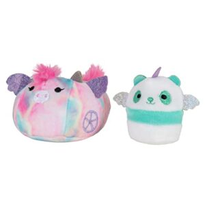 Squishville by Squishmallows Felicia in Carriage & Zeke in Car, Two 2” Soft Mini-Squishmallow Pandacorn and Zebra Plush, Plush Carriage and Car Vehicles, Irresistibly Soft Colorful Plush