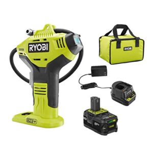 ryobi p737d 18-volt one+ cordless high pressure inflator with digital gauge, 4.0 ah 18-volt one+ high capacity lithium-ion battery, charger, and bag (bulk packaged)