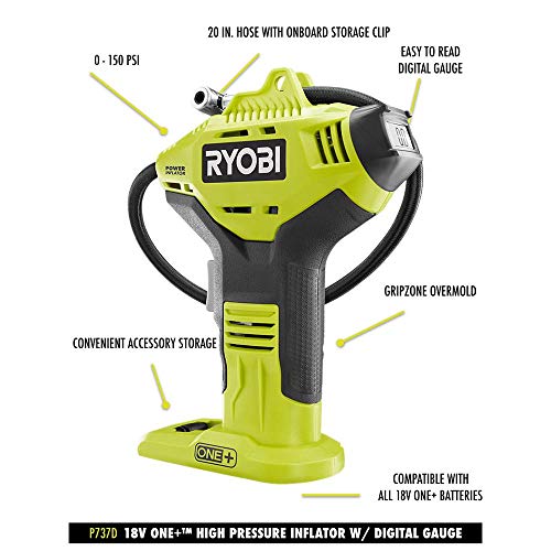 Ryobi P737D 18-Volt ONE+ Cordless High Pressure Inflator with Digital Gauge, 4.0 Ah 18-Volt ONE+ High Capacity Lithium-Ion Battery, Charger, and Bag (Bulk Packaged)