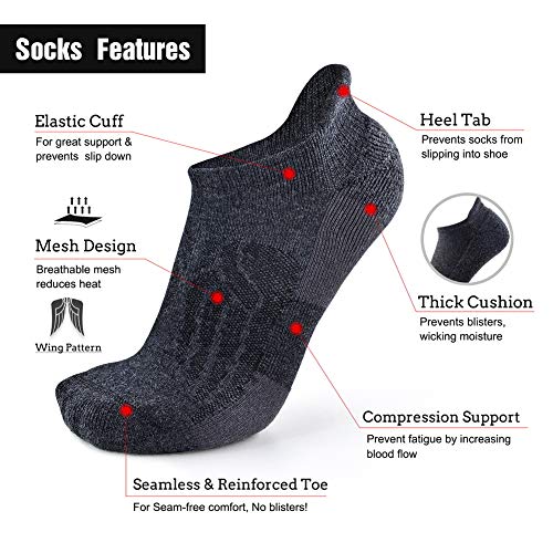 Busy Socks Hiking Socks Merino Wool for Men Women, No Show Merino Wool Dress Performance Support Athletic Cushion Tab Socks, Dark Grey, Large, 6 Pairs