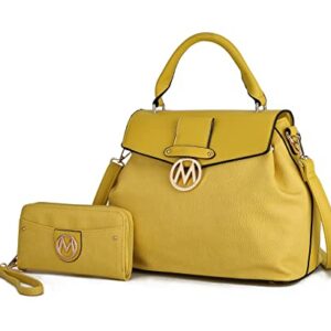 MKF Set Crossbody Satchel Bag for Women & Wristlet Wallet Purse – PU Leather Top Handle Tote – Shoulder Handbag Mustard