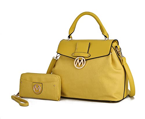 MKF Set Crossbody Satchel Bag for Women & Wristlet Wallet Purse – PU Leather Top Handle Tote – Shoulder Handbag Mustard