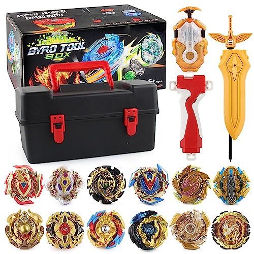 PWTAO Bey Battling Top Burst Launcher Grip Toy Blade Set Game Storage Box 12 Spinning Top Burst Gyros 2 Launchers Combat Battling Game with Storage Case Great Birthday Present for Boys Children Kids…