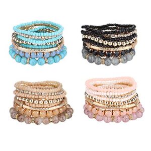 sailimue 4 sets bohemian stackable bead bracelets for women multicolor stretch beaded bracelets layered , adjustable bracelet pink black turquoise stretch bracelets