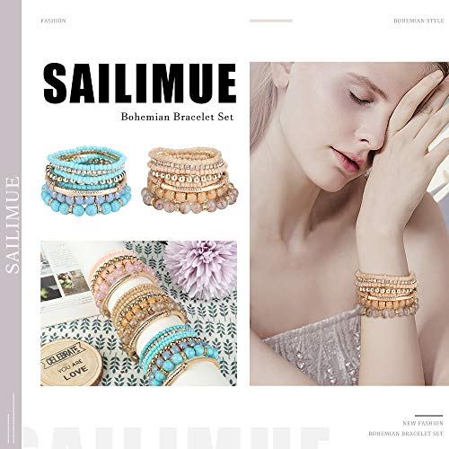 SAILIMUE 4 Sets Bohemian Stackable Bead Bracelets for Women Multicolor Stretch Beaded Bracelets Layered , Adjustable Bracelet Pink Black Turquoise Stretch Bracelets