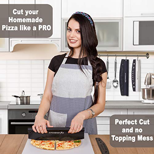 18" Black Non-Stick Pizza Cutter by KitchenStar | Sharp Stainless Steel Slicer Knife - Rocker Style w Blade Cover | Chop and Slices Perfect Portions + Dishwasher Safe – Premium Pizza Oven Accessories