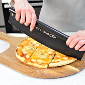 18" Black Non-Stick Pizza Cutter by KitchenStar | Sharp Stainless Steel Slicer Knife - Rocker Style w Blade Cover | Chop and Slices Perfect Portions + Dishwasher Safe – Premium Pizza Oven Accessories