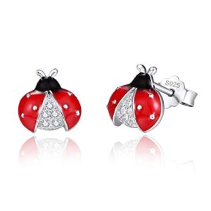 ladybug studs earrings, 925 sterling silver with cubic zirconia, hypoallergenic for sentitive ears, miraculous ladybug jewelry mother day gift for women girlfriend daughter with gift box