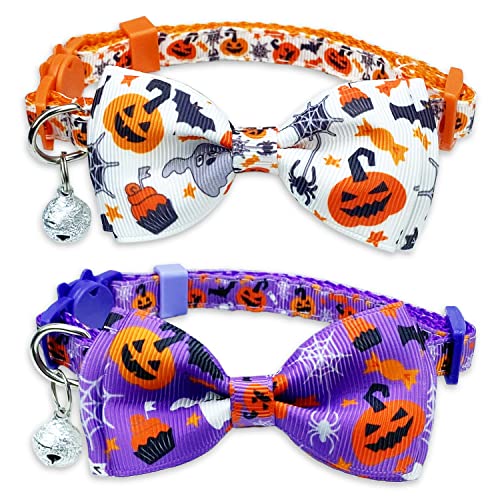 Halloween Cat Collar with Bell, Kitty Kitten Holiday Bow tie Collar Breakaway 2 Pack for Girl and Boys Male Female