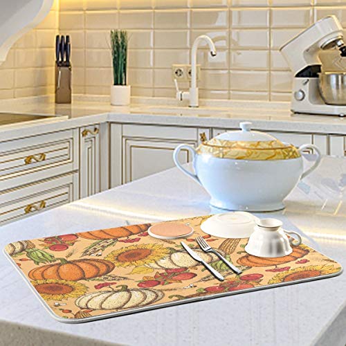 Dish Drying Mat for Kitchen Counter Absorbent Reversible Microfiber Sink Mats Large, Pumpkin And Sunflower 18x24 inch