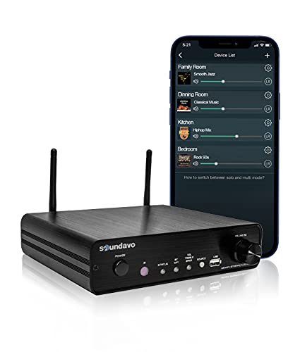 Soundavo NSA-250 Multi-Room Audio Streamer Amplifier 50W + 50W | Supports Airplay, DLNA, WiFi & Bluetooth | 24bit 192 kHz Hi-Fi Audio Streaming Integrated 2.1 Channel Amp for Home Speakers