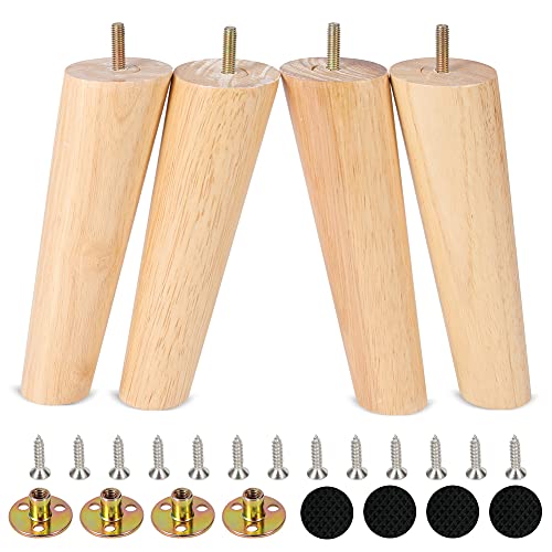 CtopoGo Wooden Solid Wood Round Furniture Legs 4 Inch Set of 4 Mid-Century Modern Sofa Replacement Parts Couch Bed Coffee Chair Desk Table Feet Legs with Pre-Drilled Bolts