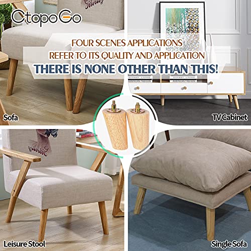 CtopoGo Wooden Solid Wood Round Furniture Legs 4 Inch Set of 4 Mid-Century Modern Sofa Replacement Parts Couch Bed Coffee Chair Desk Table Feet Legs with Pre-Drilled Bolts