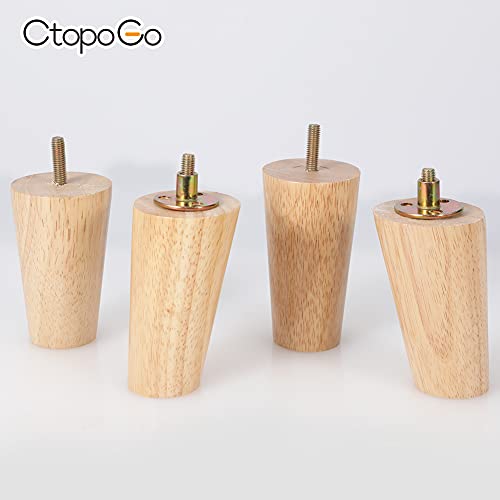 CtopoGo Wooden Solid Wood Round Furniture Legs 4 Inch Set of 4 Mid-Century Modern Sofa Replacement Parts Couch Bed Coffee Chair Desk Table Feet Legs with Pre-Drilled Bolts