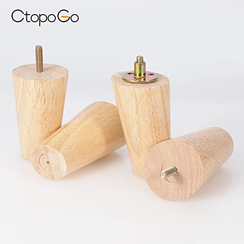 CtopoGo Wooden Solid Wood Round Furniture Legs 4 Inch Set of 4 Mid-Century Modern Sofa Replacement Parts Couch Bed Coffee Chair Desk Table Feet Legs with Pre-Drilled Bolts