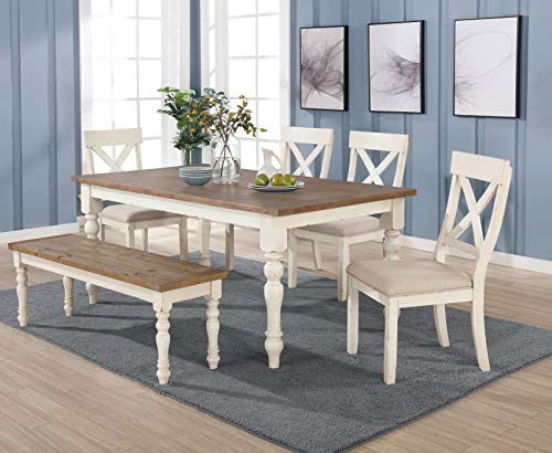 Roundhill Furniture Prato 6-Piece Dining Table Set with Cross Back Chairs and Bench, Antique White and Distressed Oak Finish