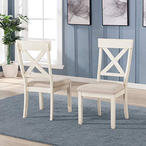 Roundhill Furniture Prato 6-Piece Dining Table Set with Cross Back Chairs and Bench, Antique White and Distressed Oak Finish