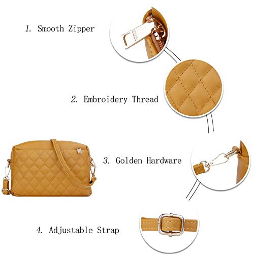 KKXIU Triple Zip Lightweight Small Crossbody Bags for Women Quilted Shoulder Purses and Handbags (2-Mustard)