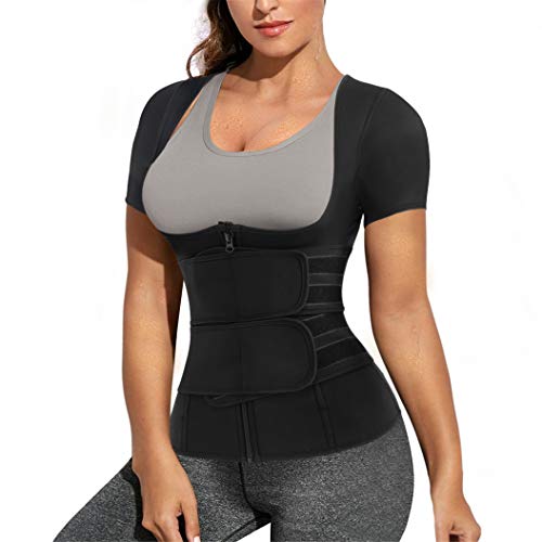 Eleady Women Waist Trainer Corset Trimmer Belt Neoprene Sauna Sweat Suit Zipper Body Shaper with Adjustable Workout Tank Tops (Black, Large)