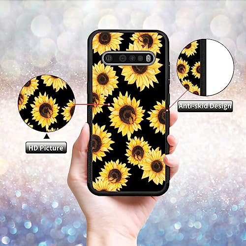 LG V60 Case, LG V60 Thinq Case, BEROSET Cute Yellow Sunflowers Black Customized Design Printed Hybrid Hard Shock Soft TPU Bumper Protective Phone Case for LG V60 Thinq 5g (2020 Release)