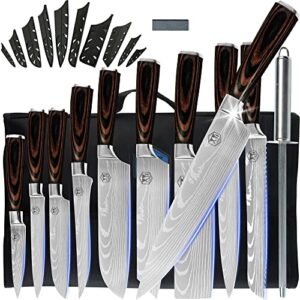 xyj stainless steel kitchen knives set 10 piece chef knife set with knife sharpening rod carry case bag & sheath well balance ergonomic handle