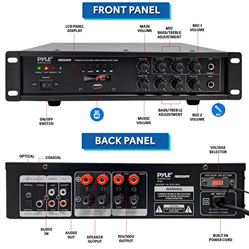 Pyle Bluetooth Home PA Mixing Amplifier - 500W Home Audio Rack Mount Stereo Power Amplifier Receiver w/FM Radio, Digital LED Display, USB/AUX/Mic, Optical/Coaxial, AC-3, 70V/100V Output - PMX3500PH