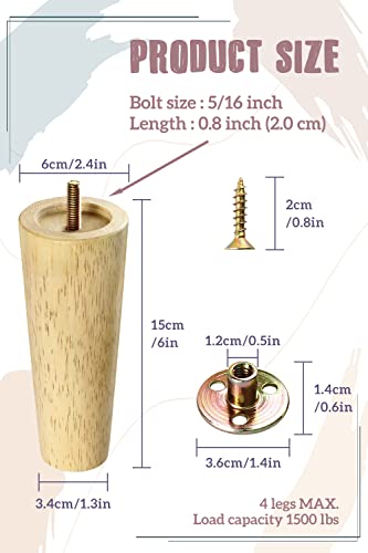 GOSCHE Round Solid Wood Furniture Legs Sofa Legs 6 inch, Natural Wooden Couch Legs, Replacement Legs for Armchair, Cabinet, Chair, Mid Century Modern Dresser Or Home DIY Projects Bun Feet