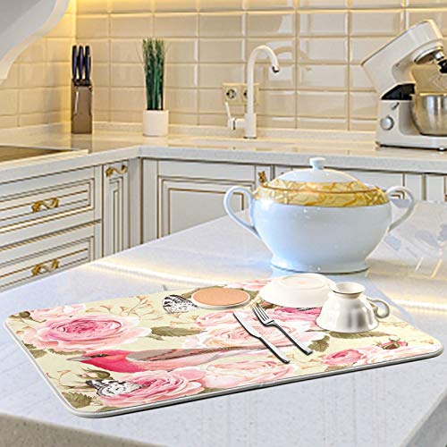 Rose Birds Butterfly Dish Drying Mat 24"x18" Absorbent Machine Washable Hanging Fast Dry Pad Dish Protective Mat for Kitchen Countertop Heat Resistant Dinner Table Mat