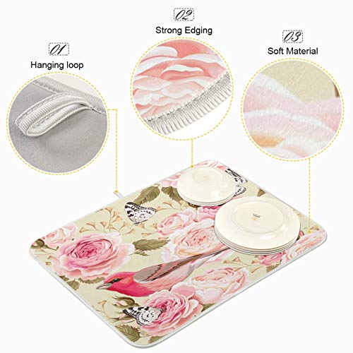 Rose Birds Butterfly Dish Drying Mat 24"x18" Absorbent Machine Washable Hanging Fast Dry Pad Dish Protective Mat for Kitchen Countertop Heat Resistant Dinner Table Mat