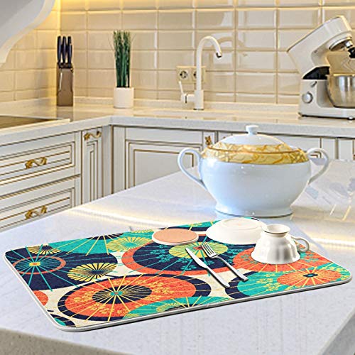 Japanese Theme Umbrella Dish Drying Mat 24"x18" Absorbent Machine Washable Hanging Fast Dry Pad Dish Protective Mat for Kitchen Countertop Heat Resistant Dinner Table Mat