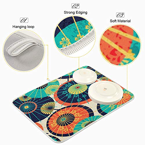 Japanese Theme Umbrella Dish Drying Mat 24"x18" Absorbent Machine Washable Hanging Fast Dry Pad Dish Protective Mat for Kitchen Countertop Heat Resistant Dinner Table Mat