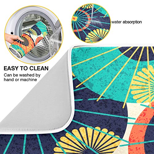 Japanese Theme Umbrella Dish Drying Mat 24"x18" Absorbent Machine Washable Hanging Fast Dry Pad Dish Protective Mat for Kitchen Countertop Heat Resistant Dinner Table Mat