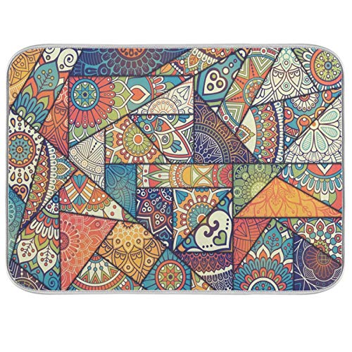 Ethnic Print Geometric Dish Drying Mat 16"x18" Absorbent Machine Washable Hanging Fast Dry Pad Dish Protective Mat for Kitchen Countertop Heat Resistant Dinner Table Mat