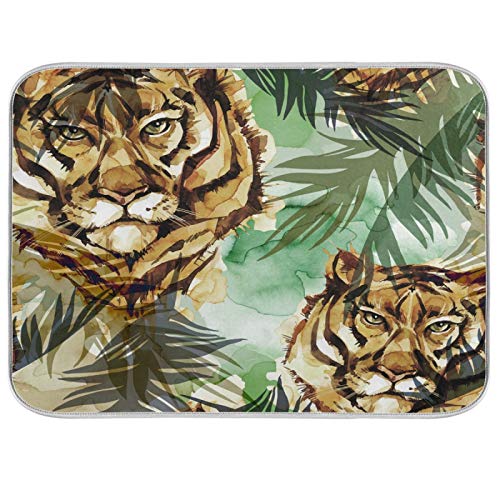 Tropical Leaves Tiger Dish Drying Mat 16"x18" Absorbent Machine Washable Hanging Fast Dry Pad Dish Protective Mat for Kitchen Countertop Heat Resistant Dinner Table Mat