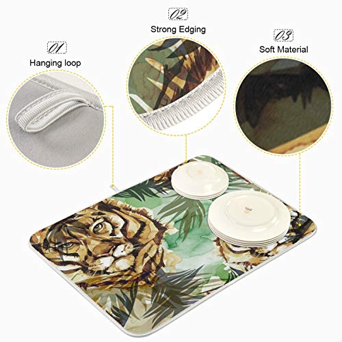 Tropical Leaves Tiger Dish Drying Mat 16"x18" Absorbent Machine Washable Hanging Fast Dry Pad Dish Protective Mat for Kitchen Countertop Heat Resistant Dinner Table Mat